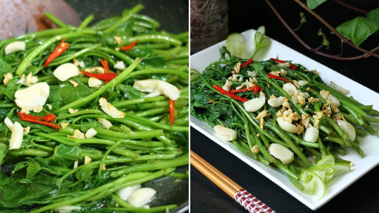 Làm thêm bước này khi nấu rau lang xào tỏi, đĩa rau giòn ngon, xanh ...